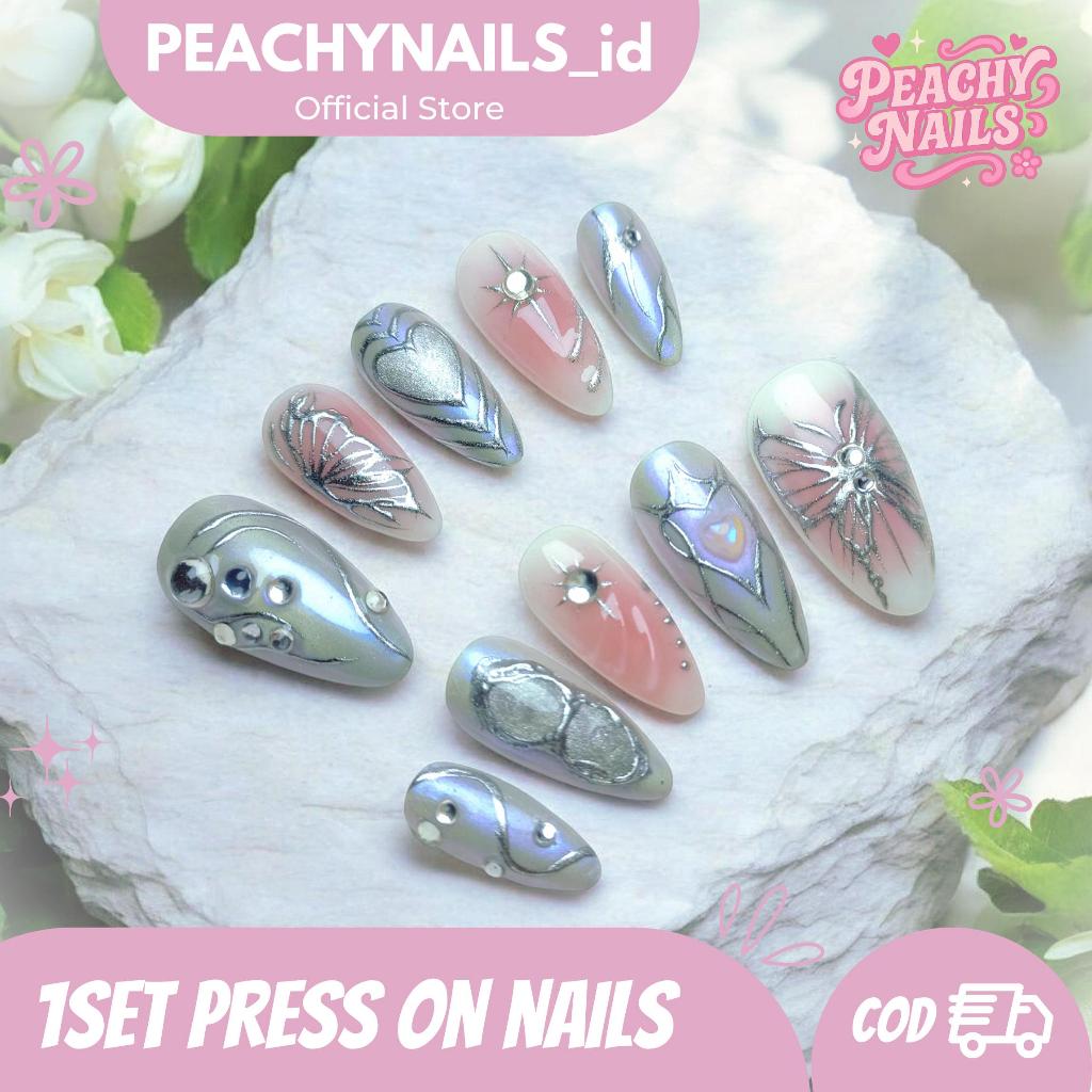 Jual [PEACHYNAILS] Medium Almond, Chrome Dreamcore Nail Set – Butterfly ...