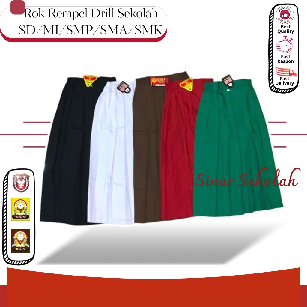 Jual Seragam Sekolah Rok SD MI SMP SMA Rok Rempel Panjang Drill Bahan Nagatex Merah Putih Hijau ...