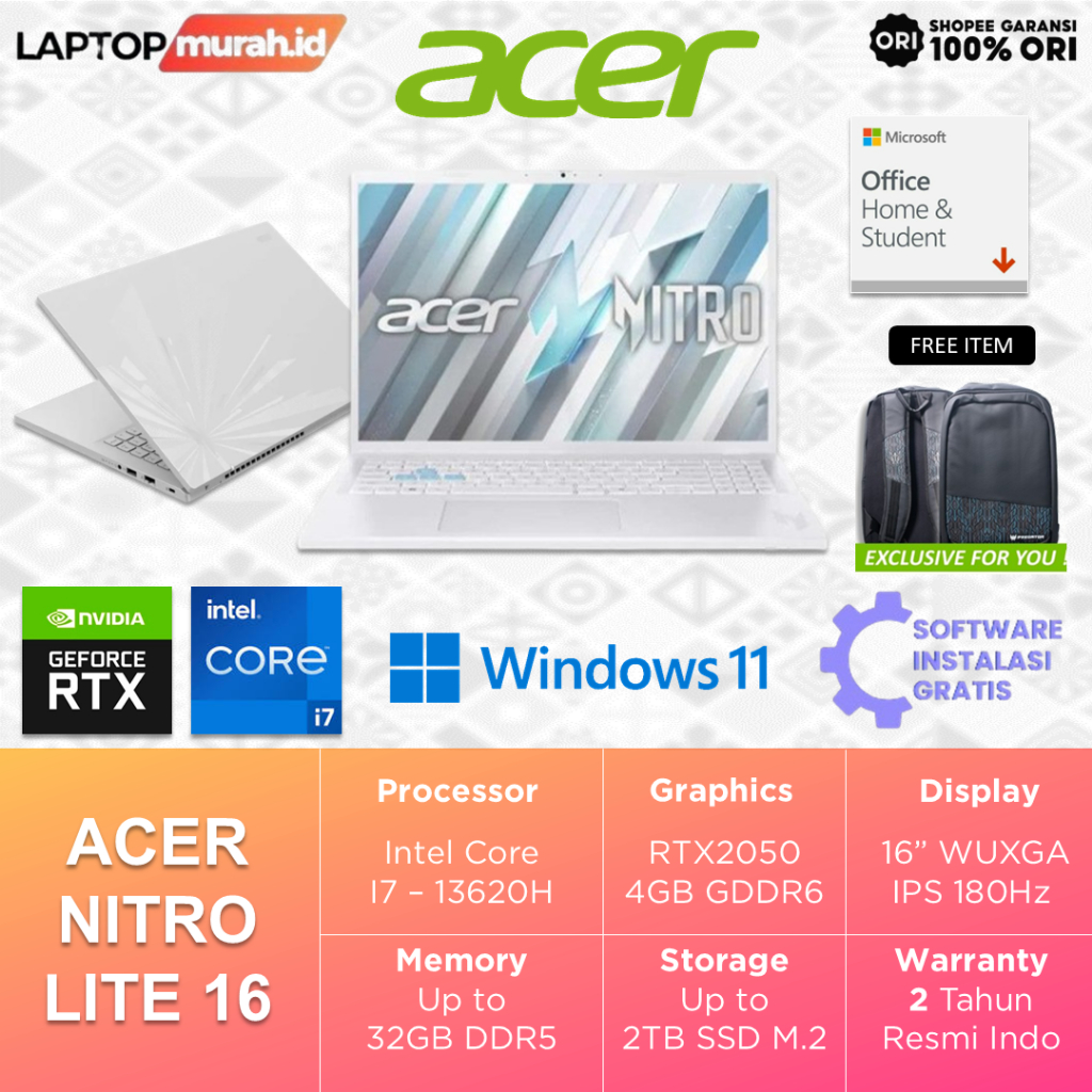 Jual Laptop Acer Nitro RTX2050 4GB i7 13620H 32GB 2TB 16" 180Hz 100% ...