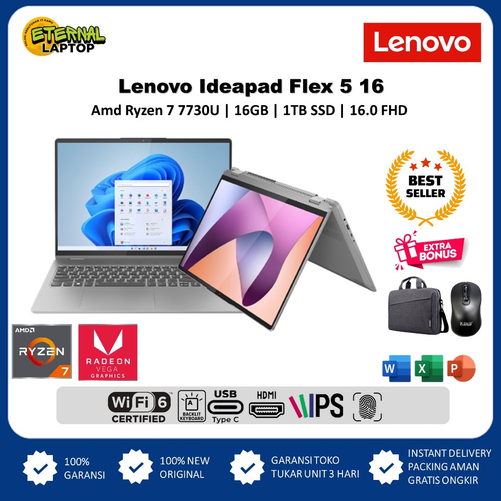 Jual Laptop 2in1 Lenovo IdeaPad Flex 5 16 Amd 7 7730U 16GB 1TB WUXGA Windows 11 Home Touchscreen ...