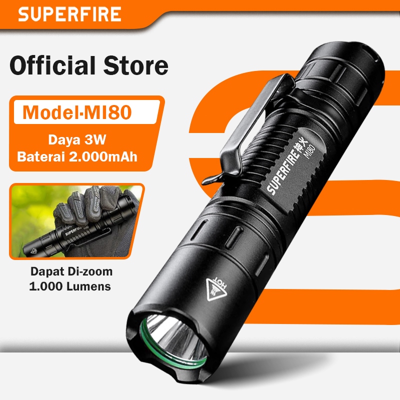 Jual Senter LED SUPERFIRE MI80/MI80-S Super Terang Baterai 18650 Jangkauan Jauh Aluminium Tahan ...