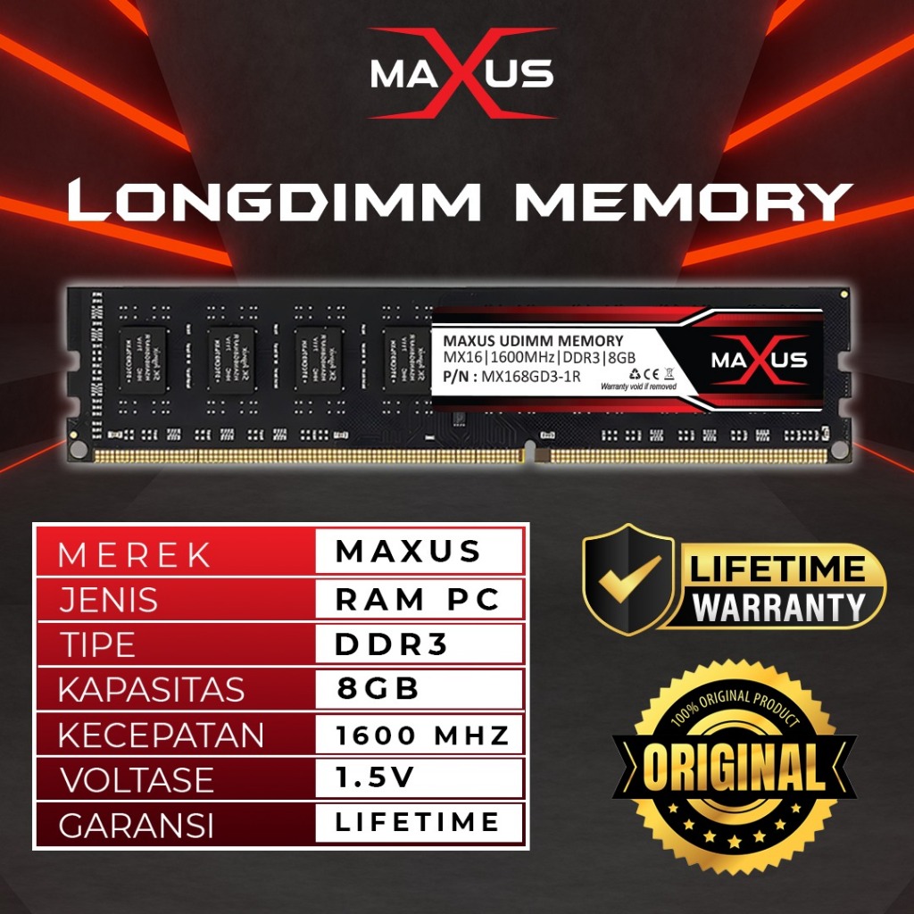 Jual RAM MAXUS LONGDIMM DDR3 8GB 12800 Mhz GARANSI LIFETIME WARRANTY ...