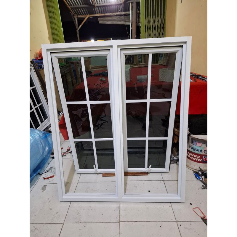 Jual jendela aluminium jungkit dorong ke atas kusen 3" kaca 5mm + Lis orname kotak2+ pecking ...