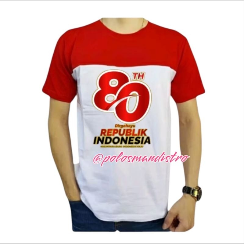 Jual kaos /oblong merah putih tangan pendek 17 agustus INDONESIA MERDEKA/80 lis gold/model ...