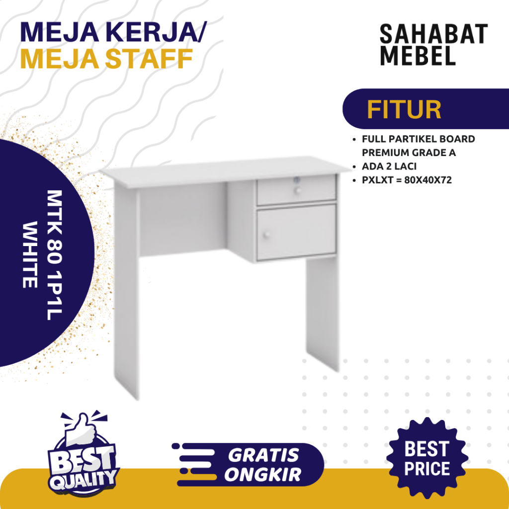 Jual Meja Kerja MTK 80 1P1L White Partikel Board / Meja Kantor 80cm ...