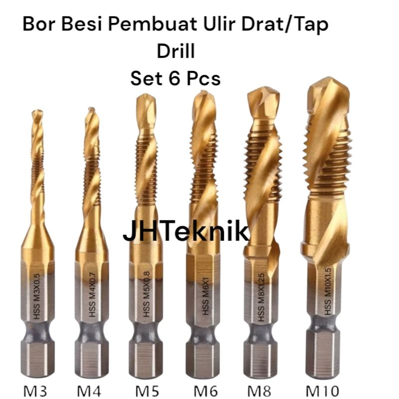 Jual JHTeknik Mata Bor Besi Pembuat Ulir Drat Set 6pcs/Tap Drill Set 6 ...