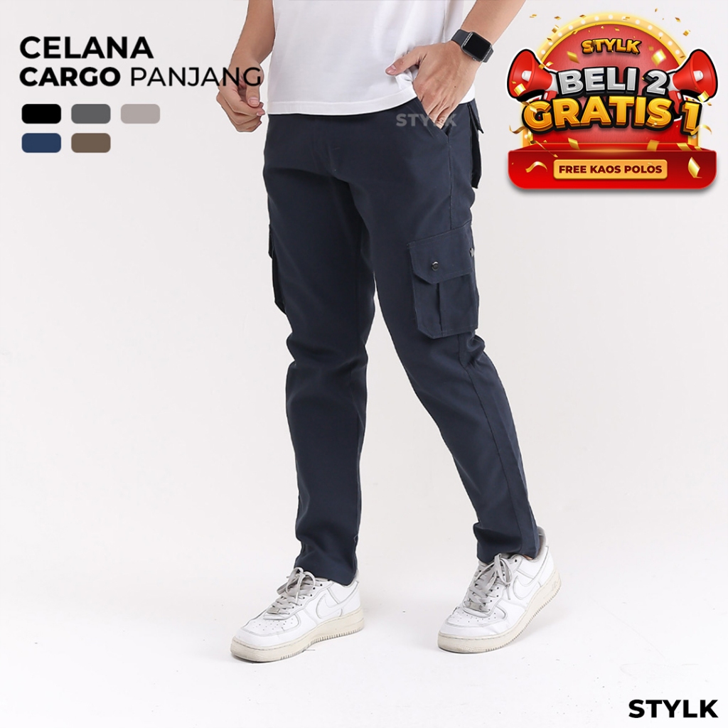 Jual Celana Cargo Panjang Pria Slim Fit Stretch Navy Nyaman dan Lembut ...