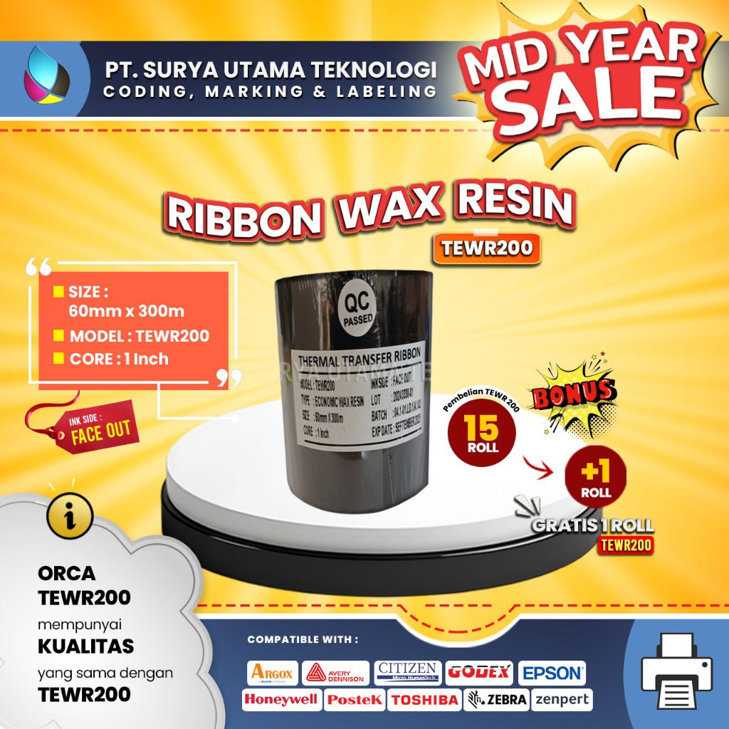 Jual Ribbon Barcode Label Economic Wax Resin (TEWR200) Ukuran 60mm x ...