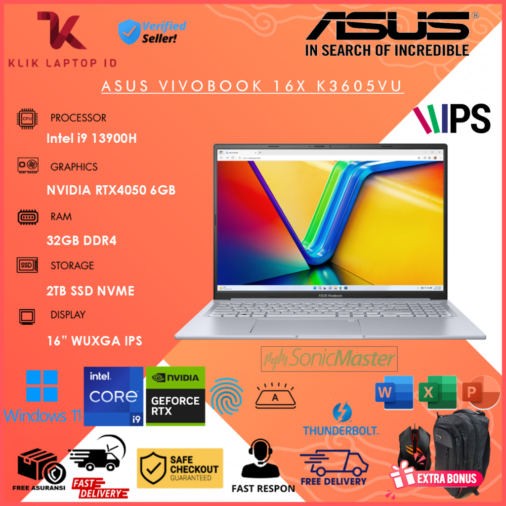 Jual Laptop Asus Vivobook 16X K3605VU Intel i9 13900H 16GB 1TB SSD RTX4050 6GB WUXGA Windows ...