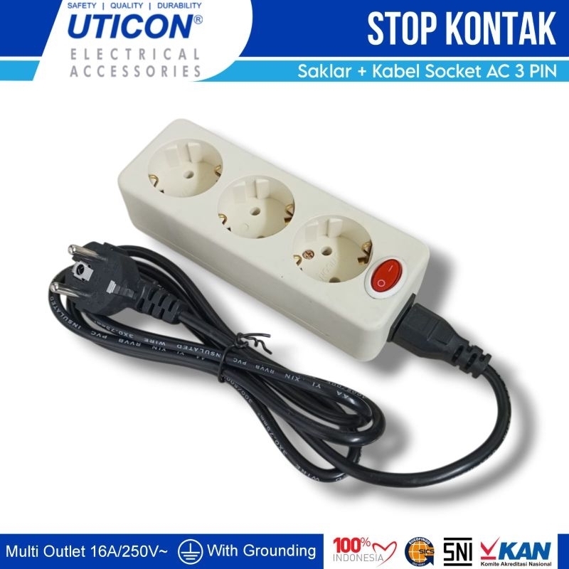 Jual UTICON Stop Kontak Arde Saklar dengan Kabel Socket AC 3 PIN Grounding | Shopee Indonesia