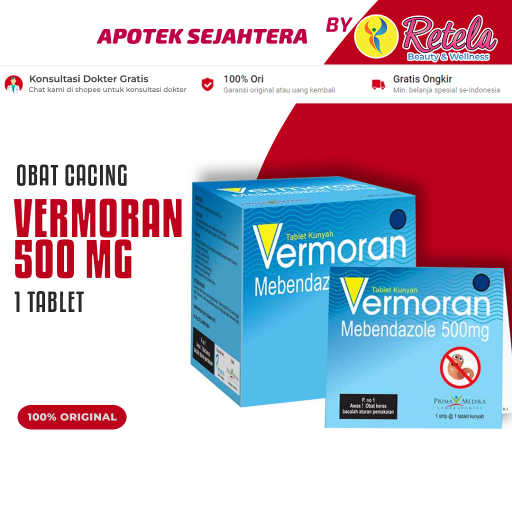 Jual Vermoran Mebendazole 500mg 1 Strip isi 1 Tablet / Obat Cacing ...