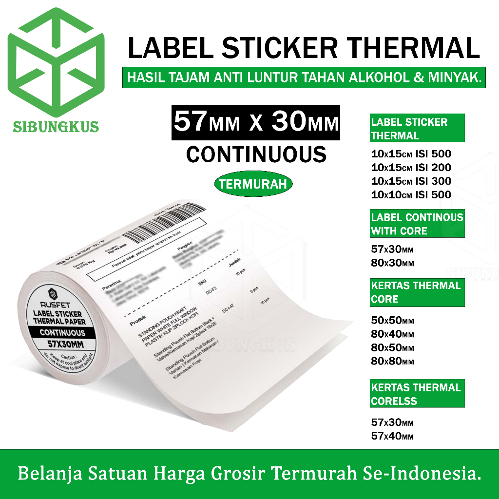 Jual Label Sticker Kertas Thermal Resi 57 x 30 Continuous 80 x 30 , 57 x 40 , 80 x 40 , 80 x 50 ...