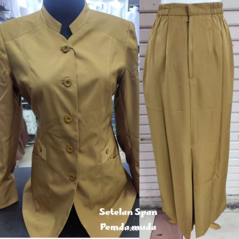 Jual Baju Seragam Pemda Pns Wanita Kerah Sanghai Setelan Blazer Khaki Guru Wanita Set Rok ...