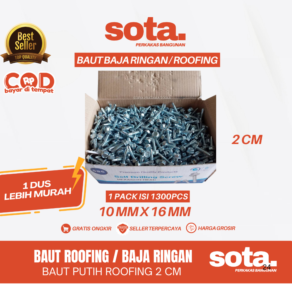 Jual SOTA Baut Rofing Untuk Baja Ringan 1 Dus Isi 1300 Pcs 10x16 ...