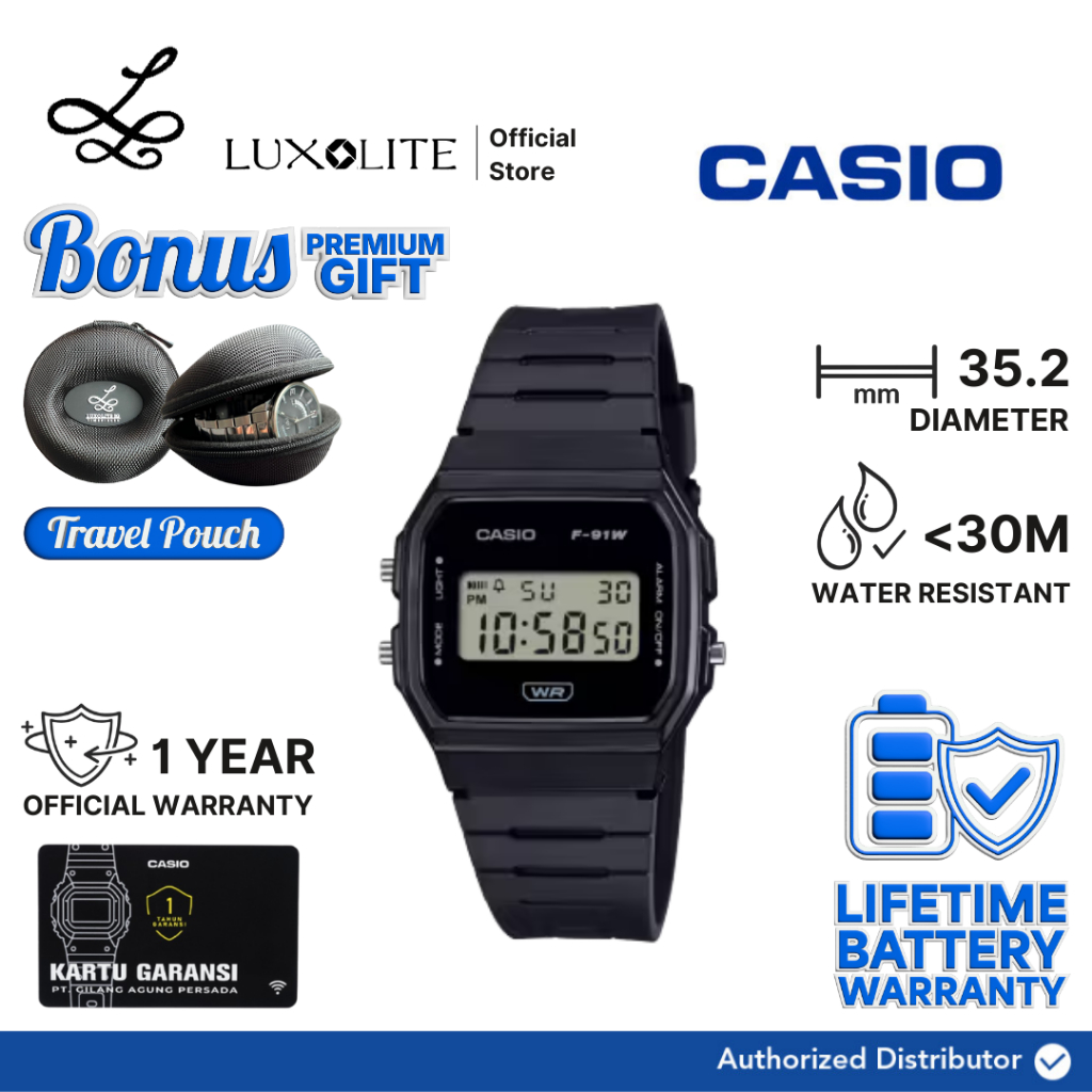 Jual [Luxolite] CASIO Jam Tangan Pria Digital F-91WB-1ADF/F-91WB-1A/F-91WB-1 Black Resin Strap ...