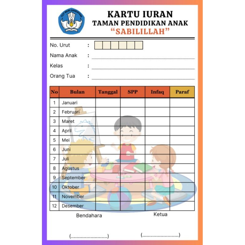 Jual Kartu Iuran/SPP/Infaq Custom Tebal Fullcolor untuk SPP PAUD, TK ...