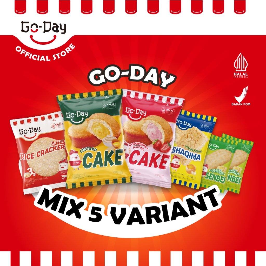 Jual Go-Day Mix 5 Varian ( Go-Pie Custard, Go-Pie Strawberry, Rice Crackers, Shaqima, & Senbei ...