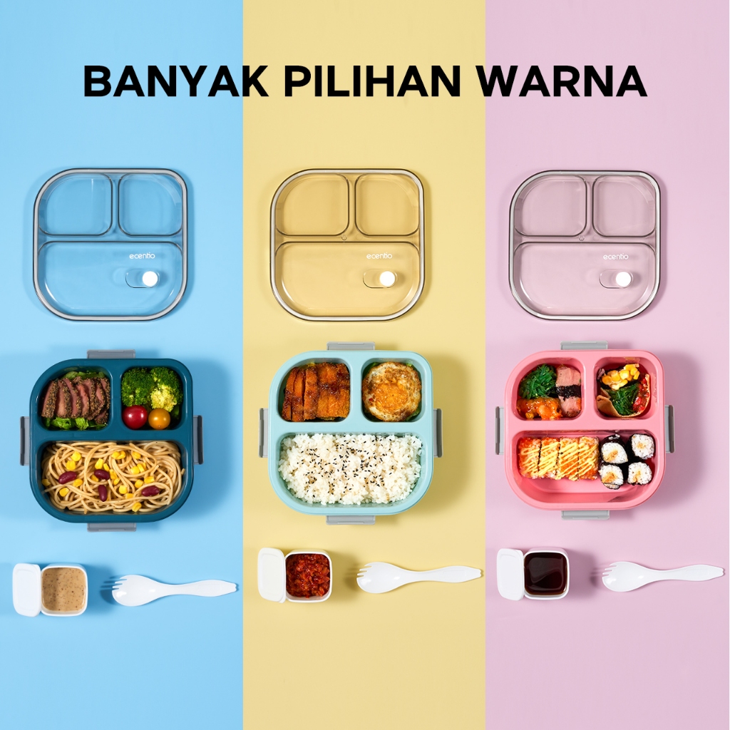 Jual [PP 5] ecentio lunch box kotak bekal anti tumpah 3 grid 1100ml /850ml Kotak makan wadah ...