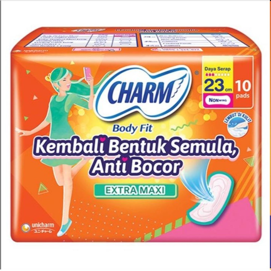 Jual [ 3 Pack ] Charm Pembalut Body Fit Extra Maxi 23cm Non Wing 10 ...
