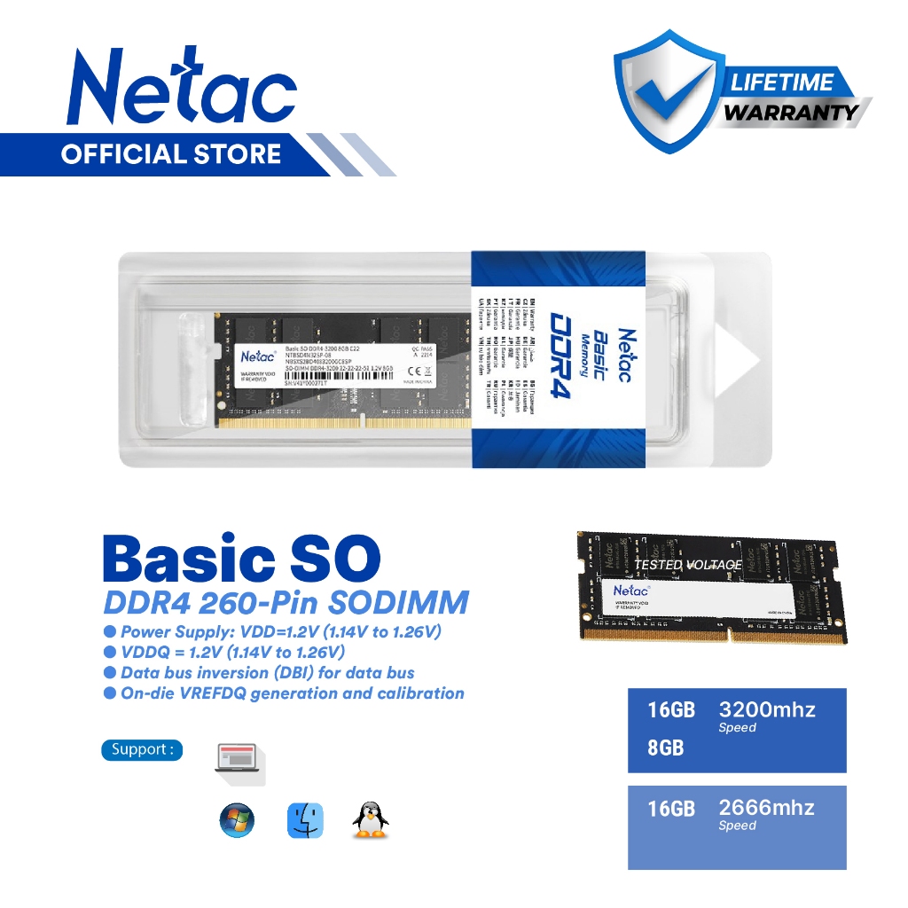 Jual Netac RAM Basic DDR4 UDIMM/SODIMM 2666MHz/3200MHz 8GB/16GB/32GB C16/C19/C22 PC Laptop ...
