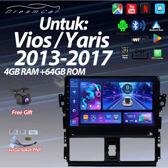 Jual 【Untuk Vios/Yaris 2013-2017】4+64G Head Unit Android 14 Mobil 10inch IPS Screen Termasuk ...