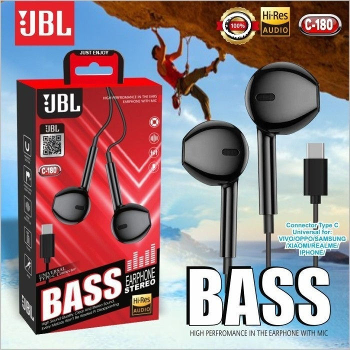 Jual HF HEADSET JBL C-180 / C-181 + MIC HANDSFREE JBL TYPE C SUPER BASS ...