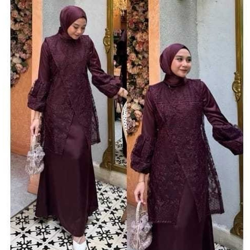 Jual Gamis burgundy brukat pesta dan kekinian dress terbarun 2026 bahan ...