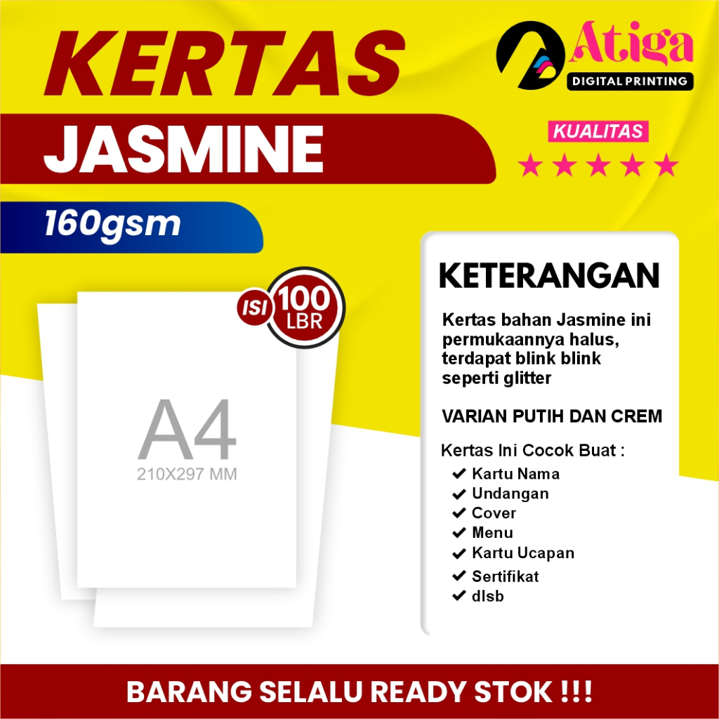 Jual Kertas Jasmine 160gsm uk. A4 cocok untuk undangan, sertifikat dll (1 pak Isi 100 lembar ...