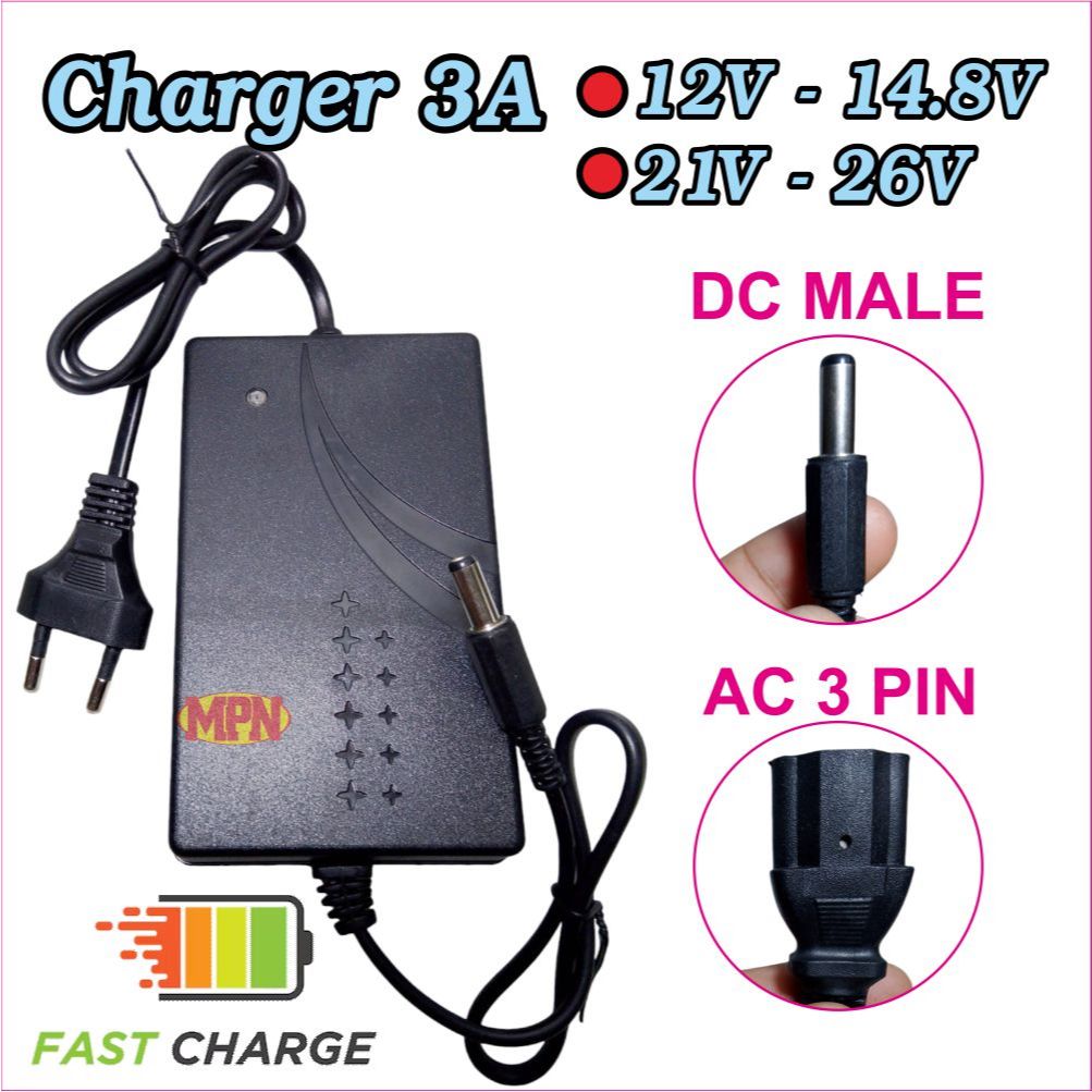 Jual CAS CHARGER BATRE12V - 14.8V - 21V - 26V ADAPTOR 3A CAS ELEKTRONIK SOKET DC MALE & AC POWER ...