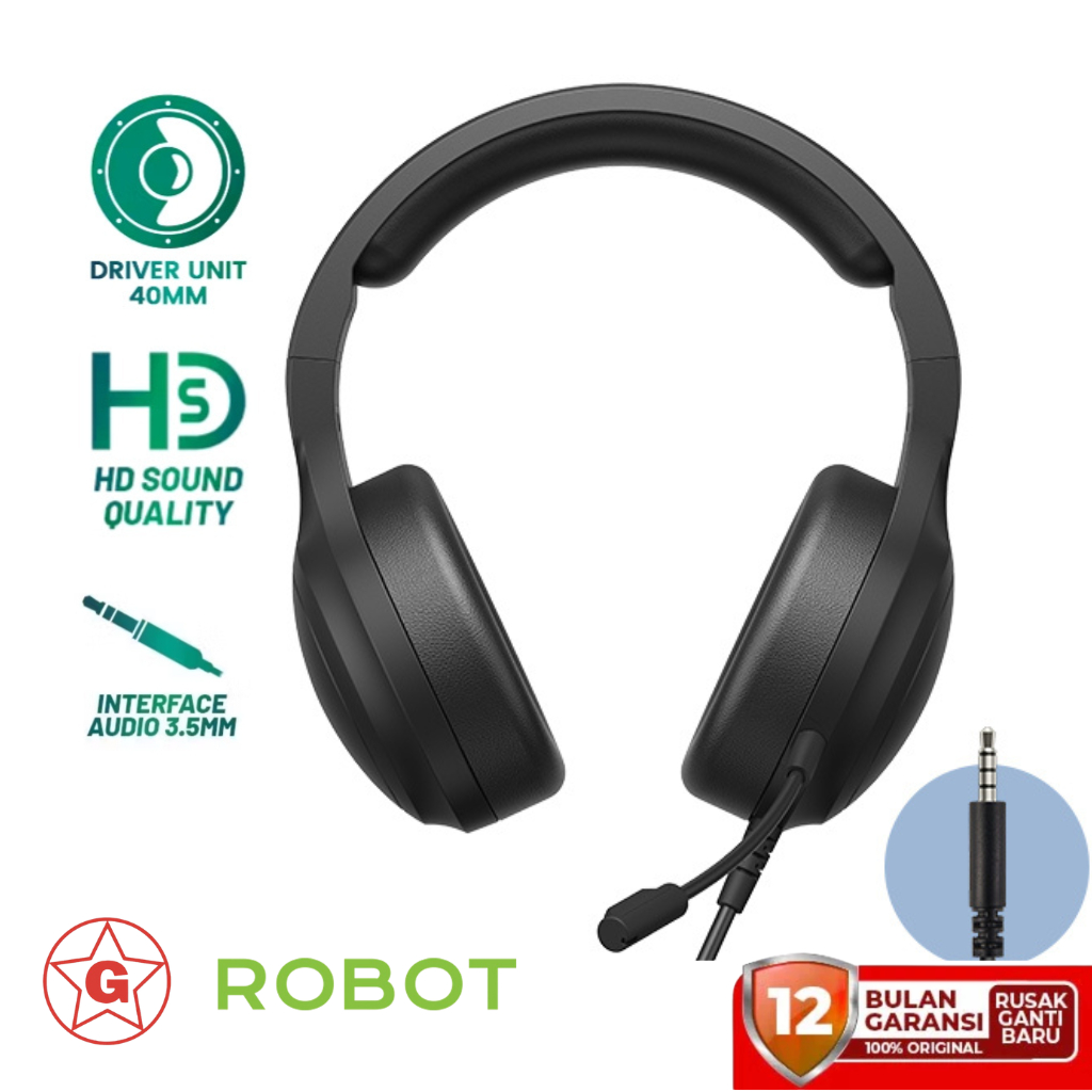 Jual ROBOT RH-P20 Headset Wired 3.5mm Audio Jack Black Original Garansi ...