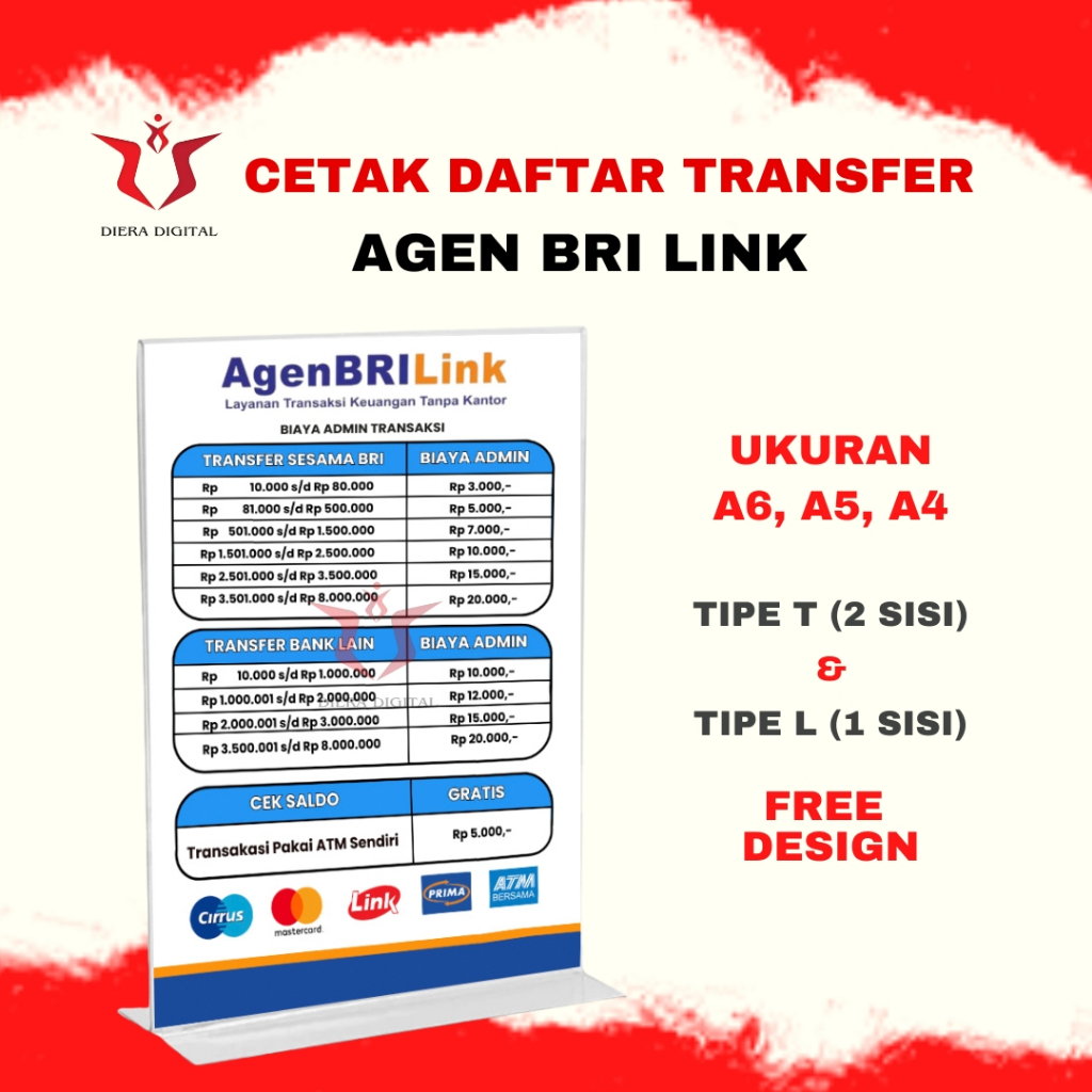 Jual CETAK ADMIN TRANSFER AGEN BRI LINK + Akrilik Ukuran A6,A5 & A4 ...