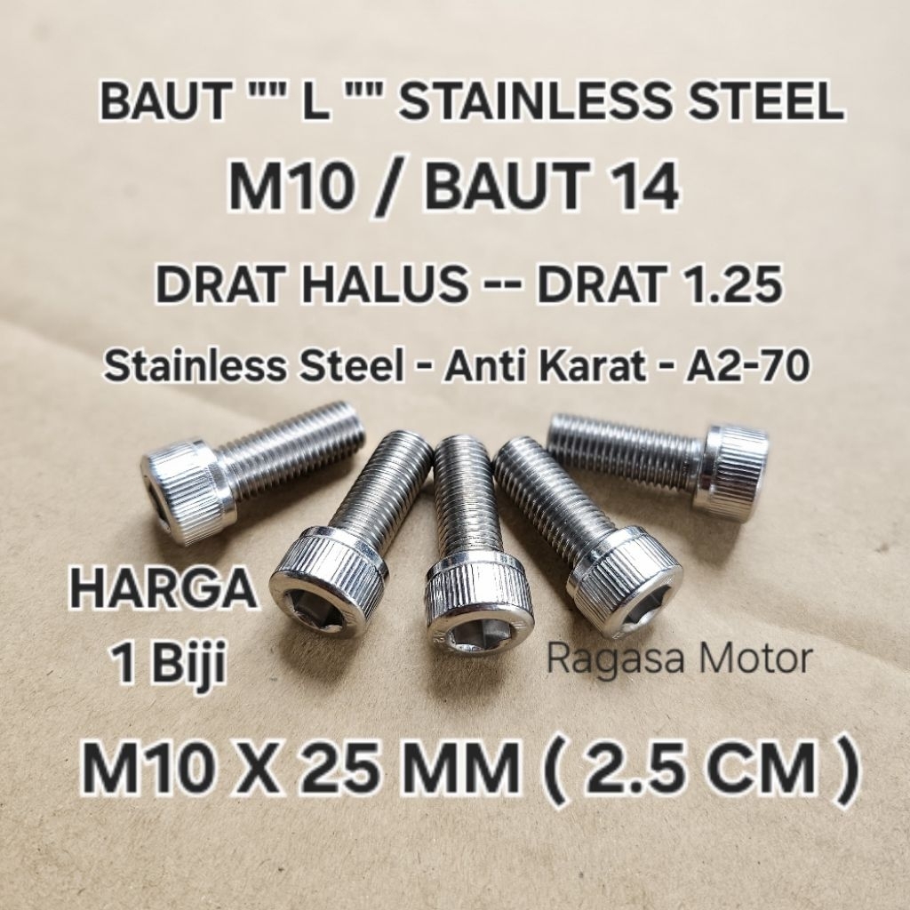 Jual Baut L Stainless M10 x 25 ( 2.5 cm ) Baut Kunci 14 Stainless A2-70 ...