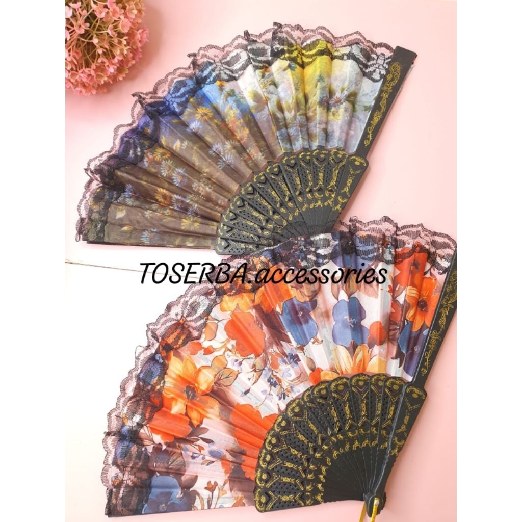 Jual KIPAS TANGKAI MOTIF GARIS EMAS BUNGA WARNA HITAM CANTIK PER 1 PCS ...