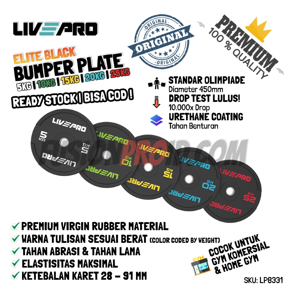 Jual Livepro LP8331 Elite Bumper Plate 5kg x2 – Plat Beban Hitam, Virgin Rubber, Urethane Coated ...
