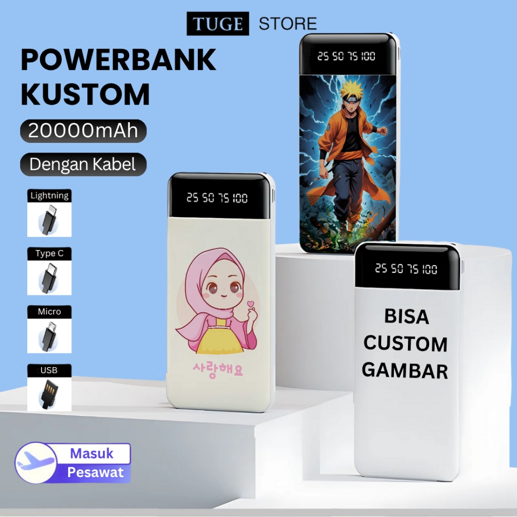 Jual TUGE Powerbank 20000mAh Kustom Dengan Kabel Type c Lightning Micro ...