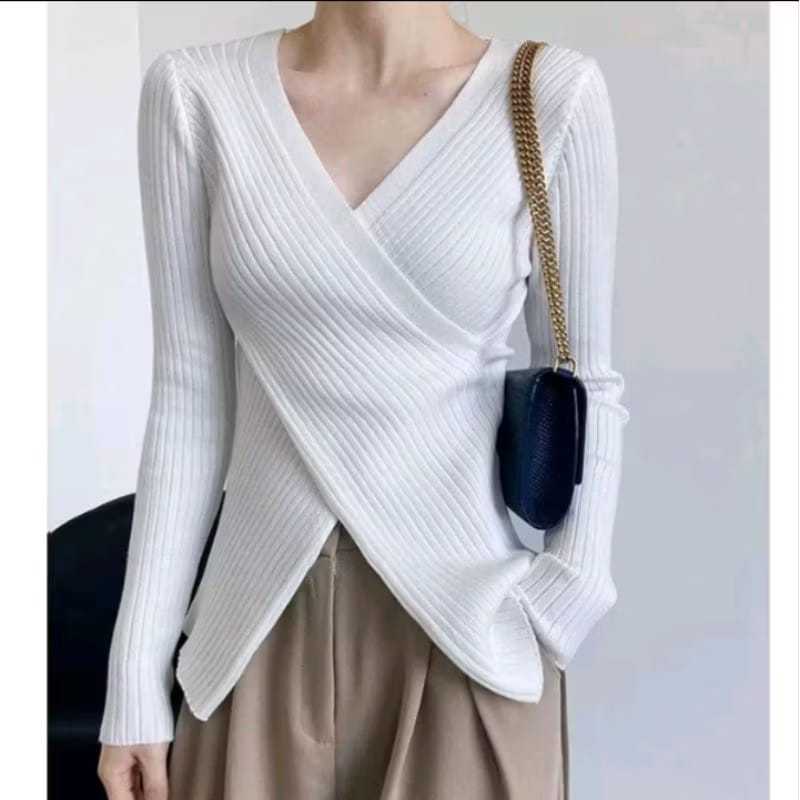 Jual JISO TOP KNIT SILANG KOREAN STYLE / wrap top v neck ATASAN WANITA LENGAN PANJANG KEKINIAN ...