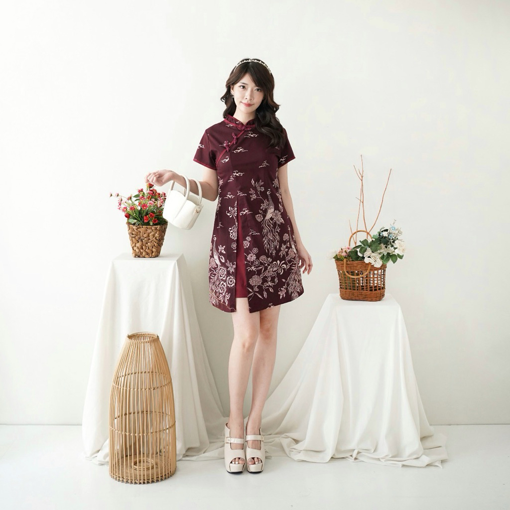 Jual dress batik cheongsam Qb141 maroon | Shopee Indonesia
