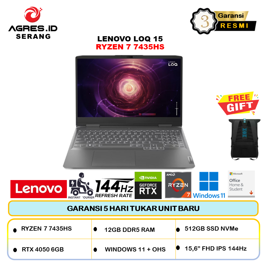 Jual LENOVO LOQ 15 RYZEN 7 7435HS RTX4050 6GB/ 12GB 512GB W11+OHS+M365B 15.6FHD 144HZ 100SRGB ...