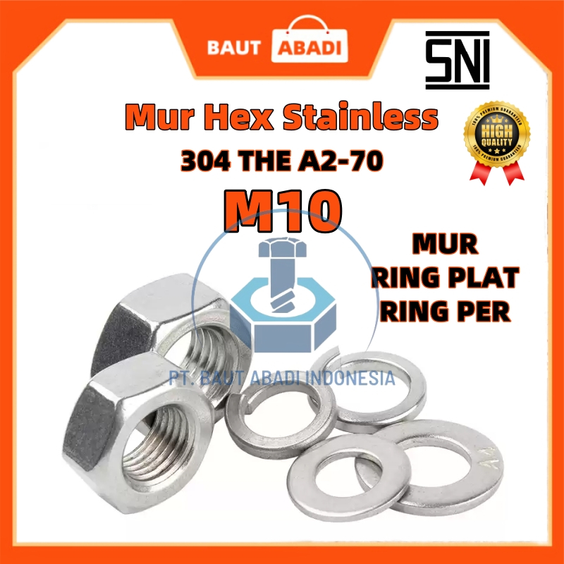Jual Mur Hex Stainless Steel M10 SS 304 THE A2-70 / Ring plat SUS 304 ...