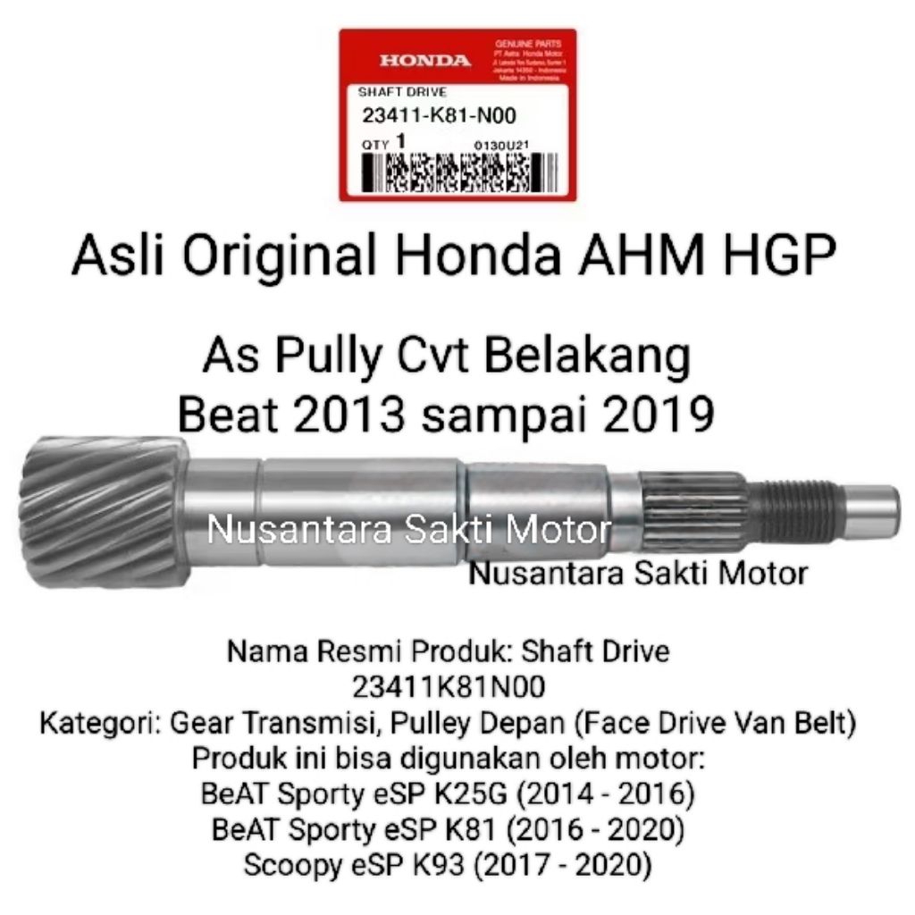 Jual 23411-k81-n00 Shaft Drive as pully puly puli beat Scoopy Spacy ...