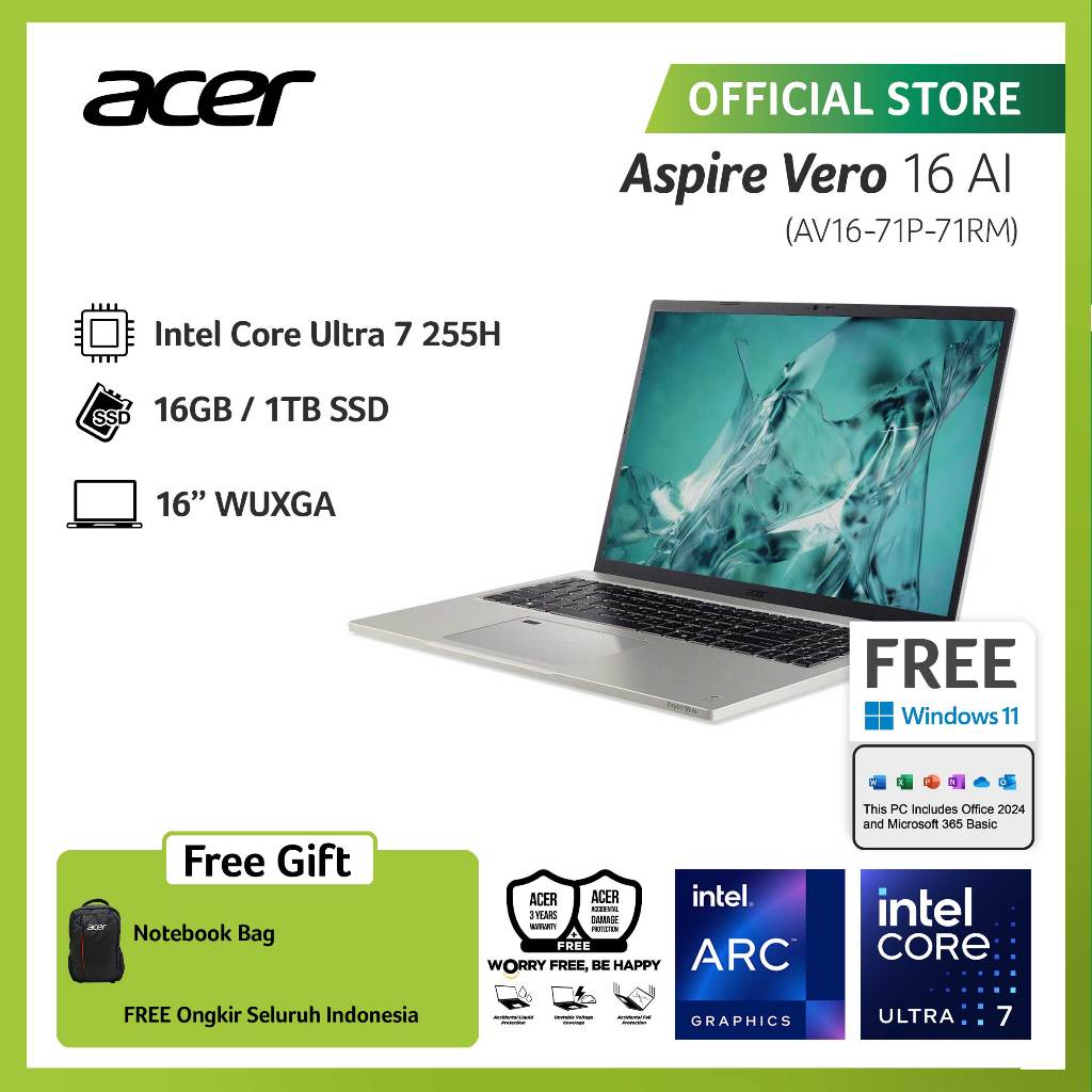 Jual ACER LAPTOP ASPIRE VERO 16 AI AV16-71P-71RM 16" WUXGA INTEL CORE ULTRA 7 255H (EVO) RAM ...
