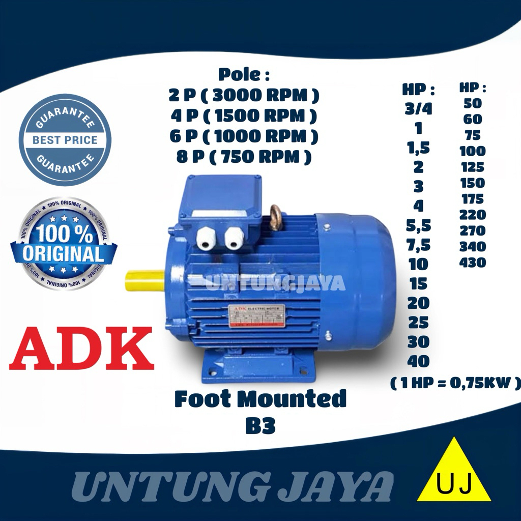 Jual DINAMO ELEKTRO MOTOR ADK 3 PHASE 1 HP 0,75 KW 2 POLE 3000 RPM / ELEKTRIK MOTOR ADK 3PHASE ...