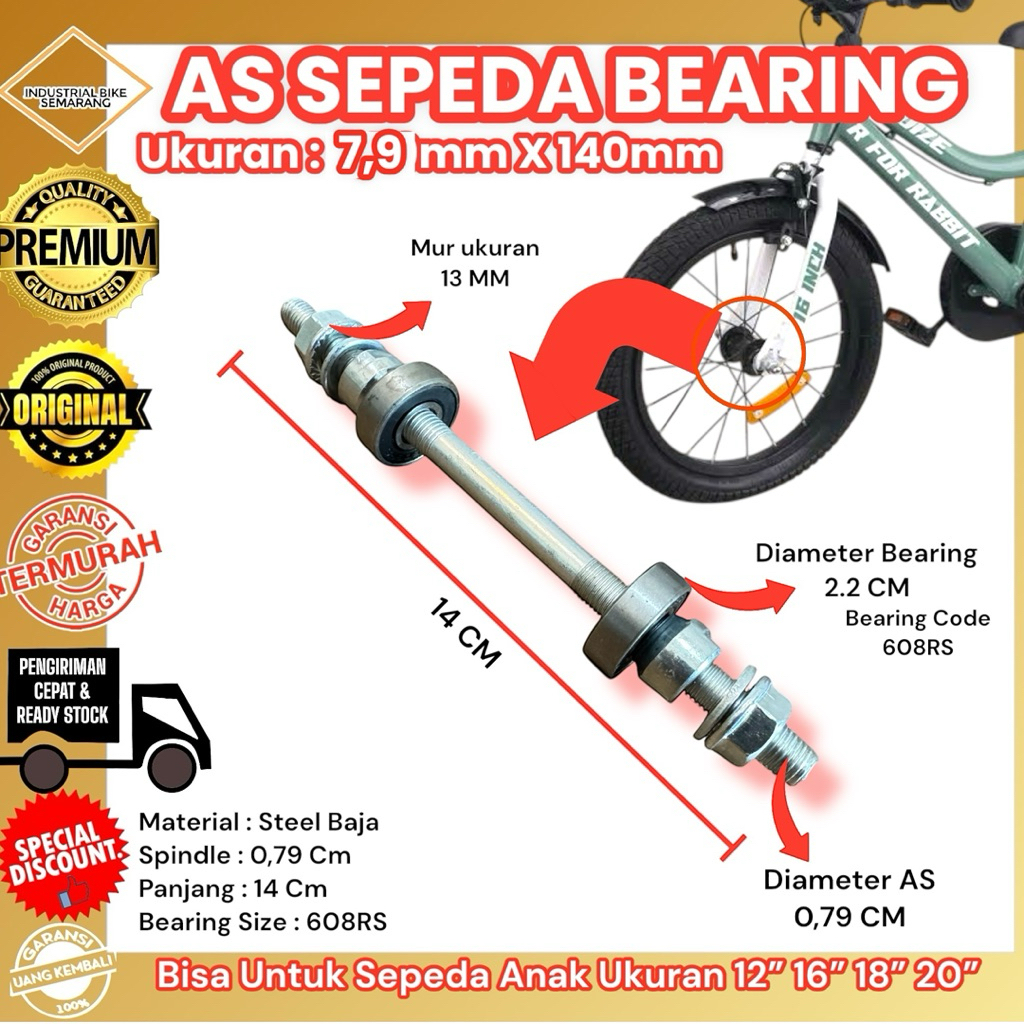 Jual ( 7.9 X 140 MM ) AS Bearing Depan Sepeda Mini BMX Anak Bos Roda ...