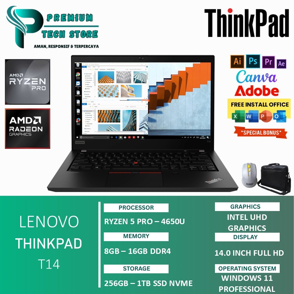 Jual Laptop Gaming Lenovo ThinkPad T14 AMD Ryzen 5 Pro 4650U 32GB 1TB ...