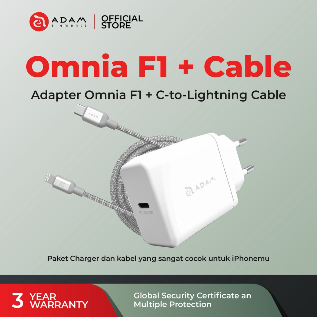 Jual ADAM elements Omnia F1 Wall Charger 20W + Kabel USB C TO Lightning ...