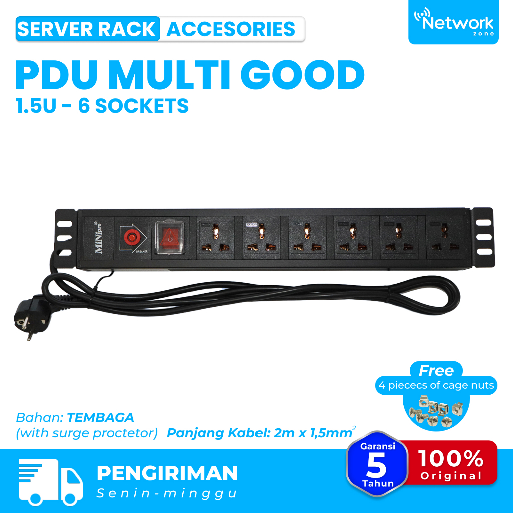 Jual PDU 1.5U 6 Port Multi Socket 16A 3500W with Surge Protector ...