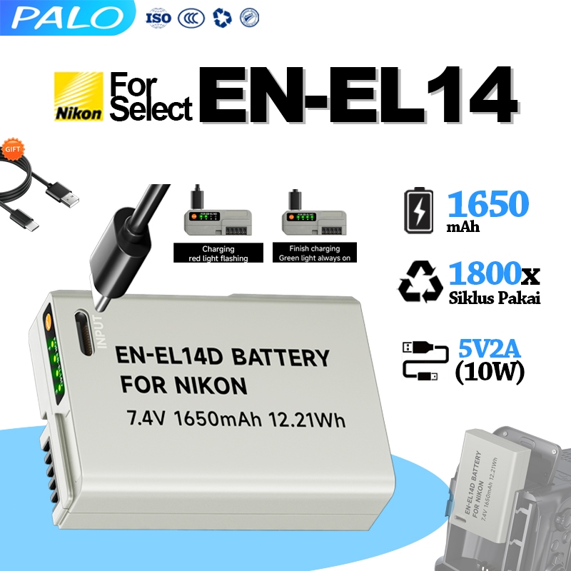 Jual PALO Baterai 1650mah EN-EL14 ENEL14A EL14 Pengisian Daya TIPE-C For Nikon D3300 D3400 D3500 ...