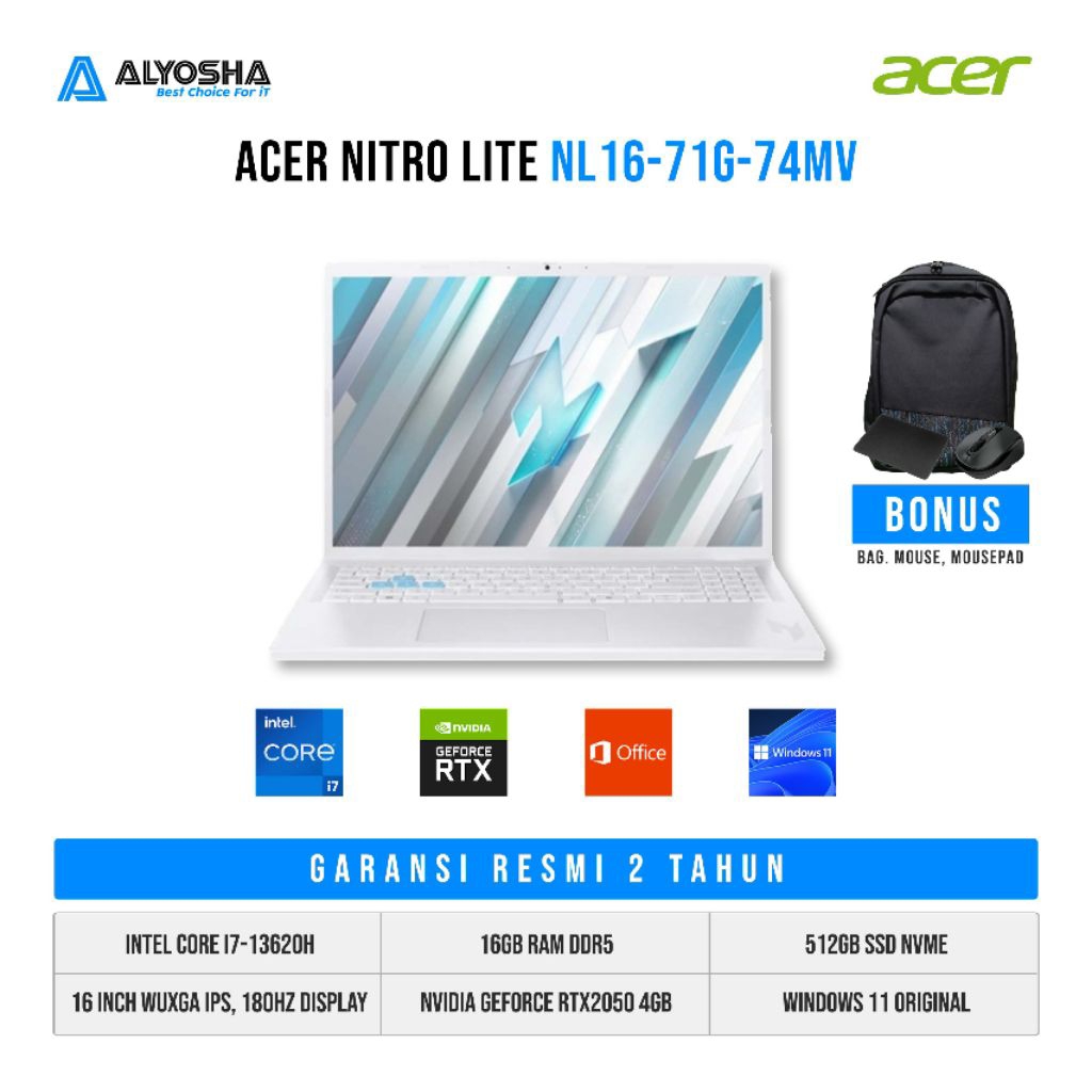 Jual Acer Nitro Lite NL16 71G 74MV – White [Intel i7 13620H-16GB-SSD 512GB-16″WUXGA-RTX2050-W11 ...