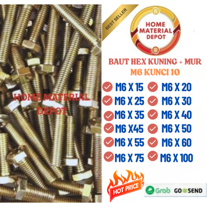 Jual Baut MUR M6 KUNCI 10 Hexagonal Kuning Pitch 1.00 | Mur M6 | Ring ...