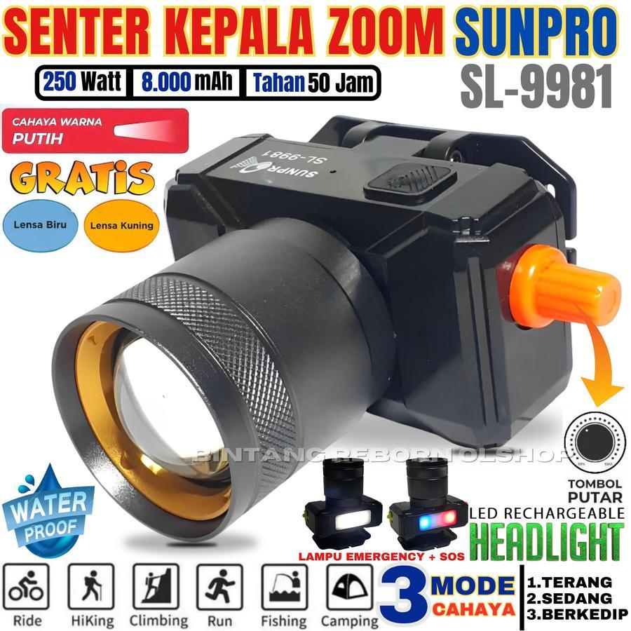 Jual Senter Kepala Zoom 200W SUNPRO SL-9981 Free Lensa Kuning | Headlamp Led Laser Dimmer ...